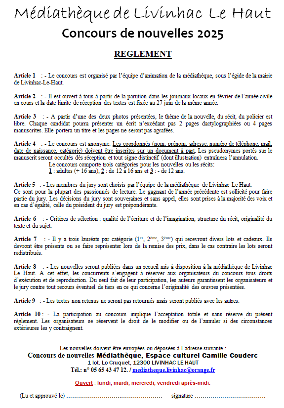 15ème concours de nouvelles de l'espace culturel - Mairie de Livinhac ...